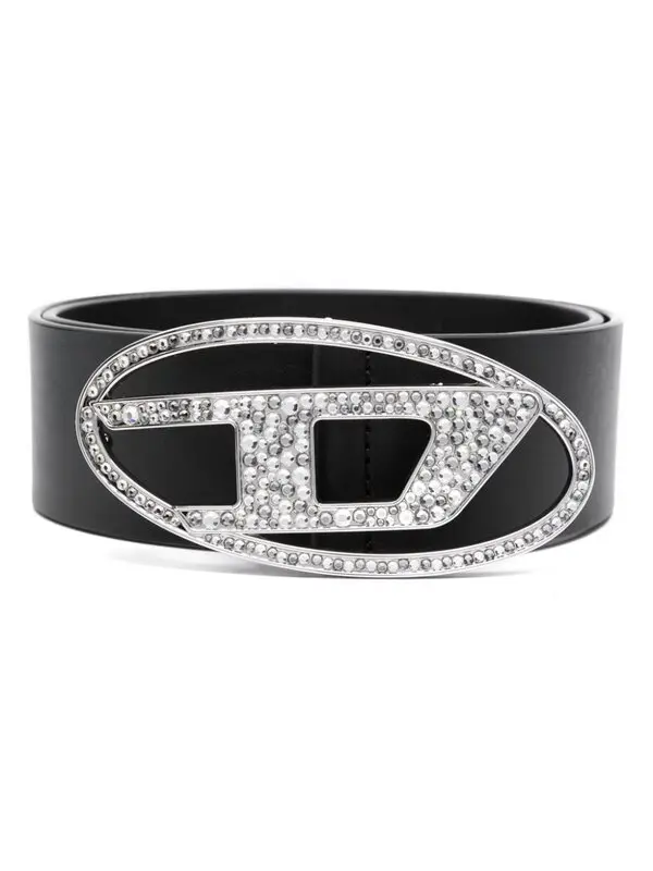 DIESEL® Rhinestone-logo Leather Belt - Black
