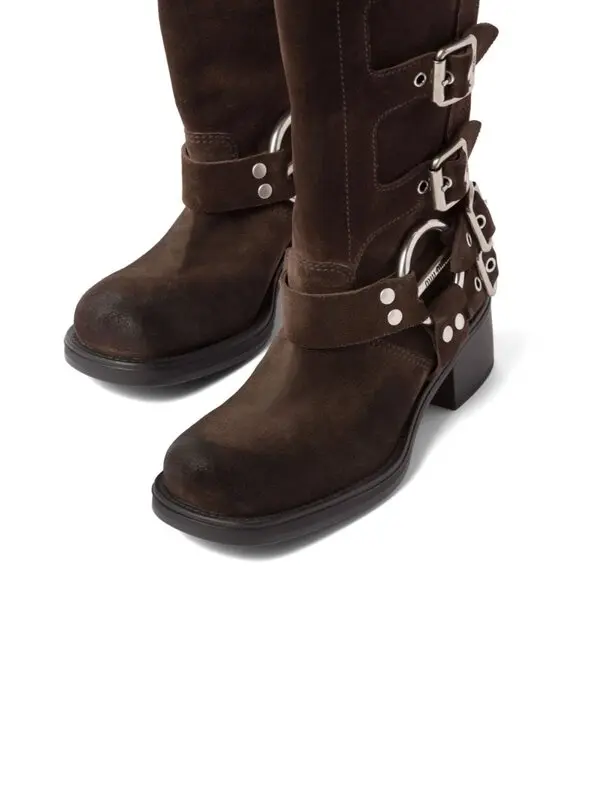 Miu Miu Buckle-detail Block-heel Boots - Brown
