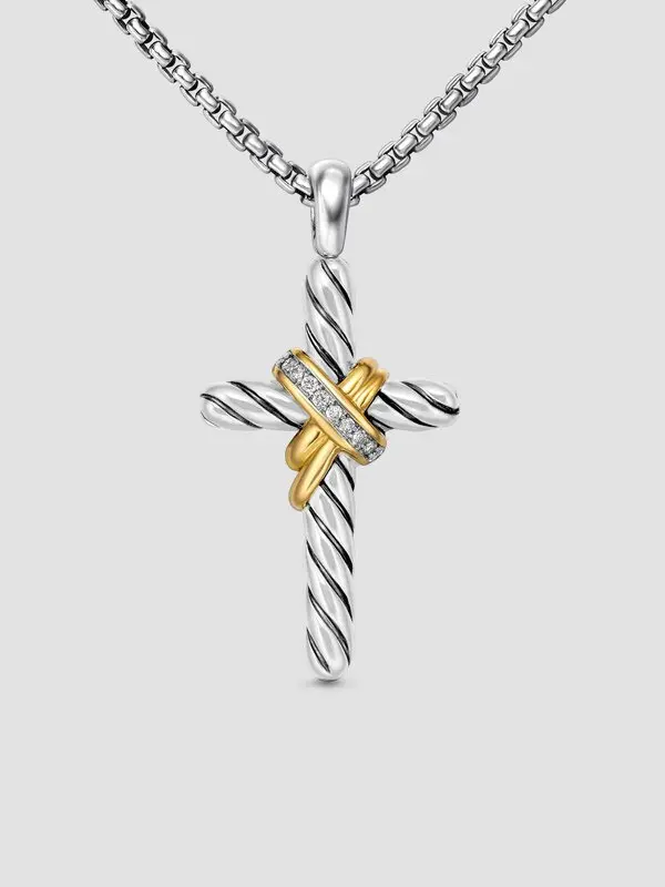 David Yurman X Cross Necklace In Sterling Silver With 14k Yellow Gold And Diamonds, 31.7mm - Diamond