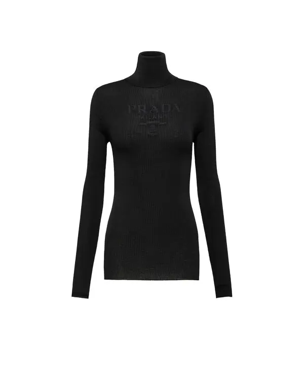 Prada Superfine Wool Ribbed Knit Turtleneck Sweater With Raglan Shoulders - Black