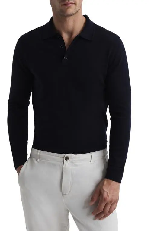 REISS Trafford Long Sleeve Wool Polo Sweater - Navy