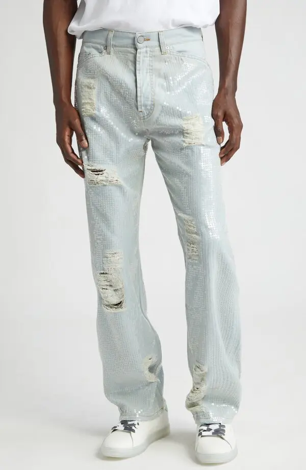 Palm Angels Ripped Sequin Straight Leg Jeans