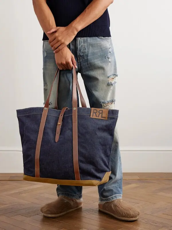 Ralph Lauren Suede And Leather-Trimmed Denim Tote Bag - Blue
