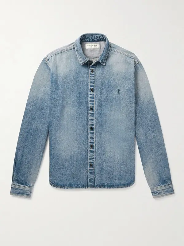 Saint Laurent Logo-embroidered Denim Shirt - Blue