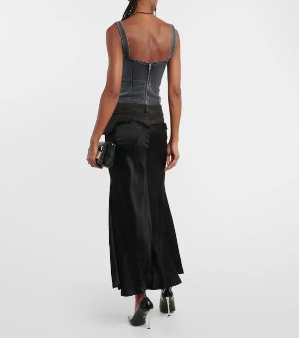 Blumarine Denim-trimmed Satin Maxi Skirt