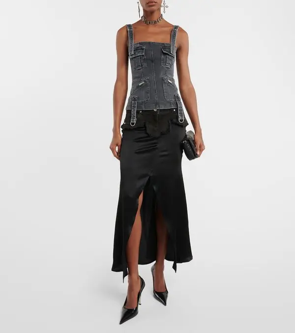Blumarine Denim-trimmed Satin Maxi Skirt