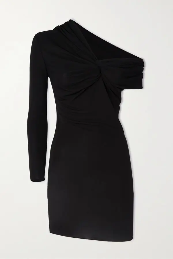 Saint Laurent Asymmetric Draped Stretch-Jersey Mini Dress - Black |  Editorialist