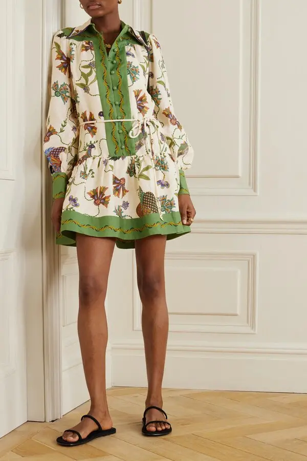 ALEMAIS Birdie Belted Printed Linen Mini Shirt Dress