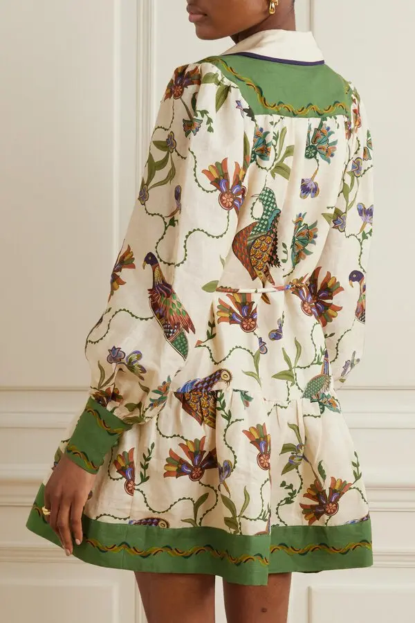 ALEMAIS Birdie Belted Printed Linen Mini Shirt Dress