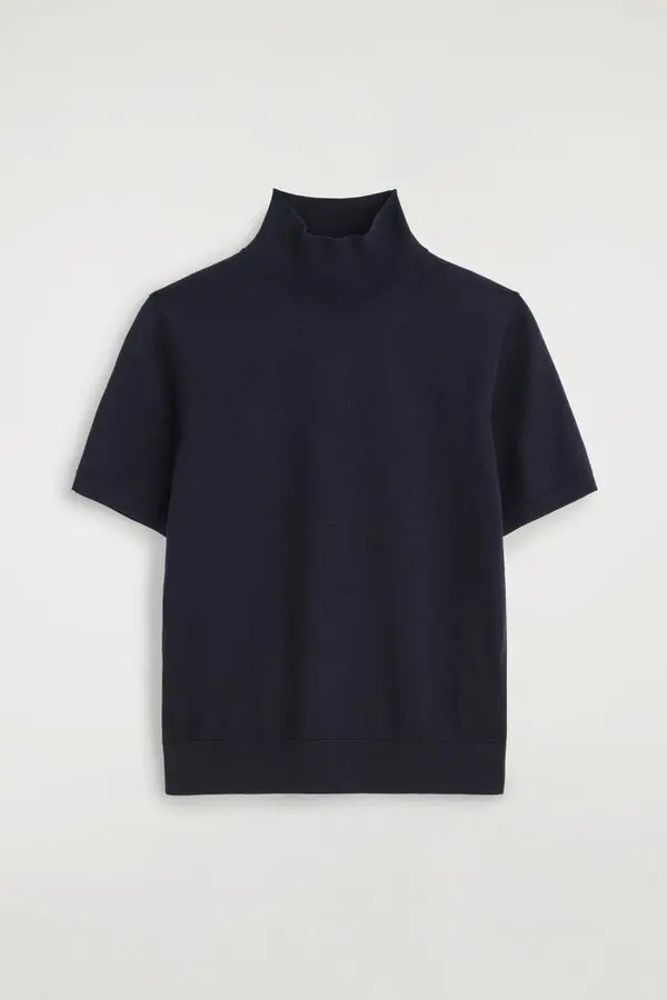 Cos Merino Wool Turtleneck Top With Ribbed High Neckline - Navy