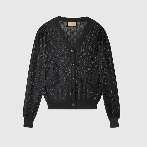 Gucci Fine Wool Gg Crystal Cardigan - Black