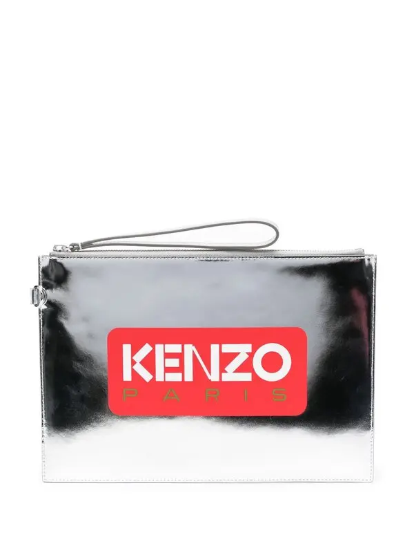 Kenzo Logo-print Metallic-leather Clutch - Silver