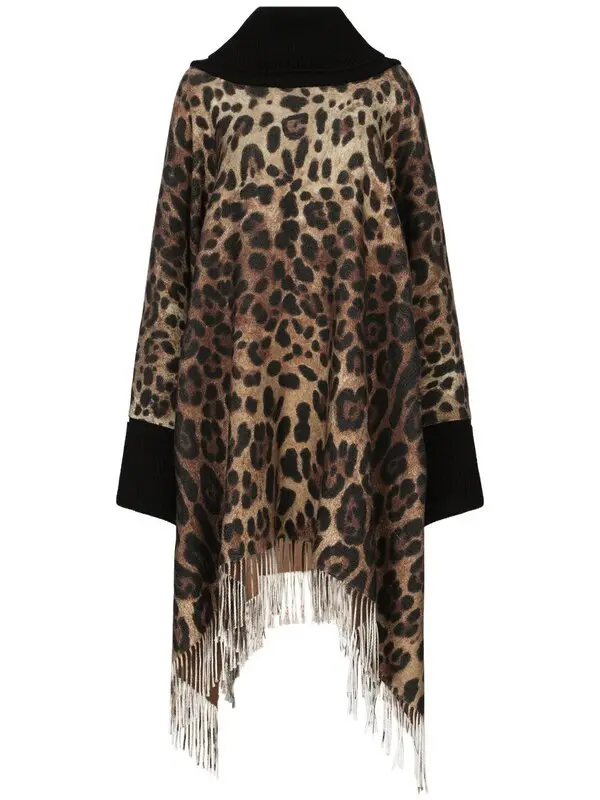 Dolce & Gabbana Leopard-print Fringed Poncho - Brown