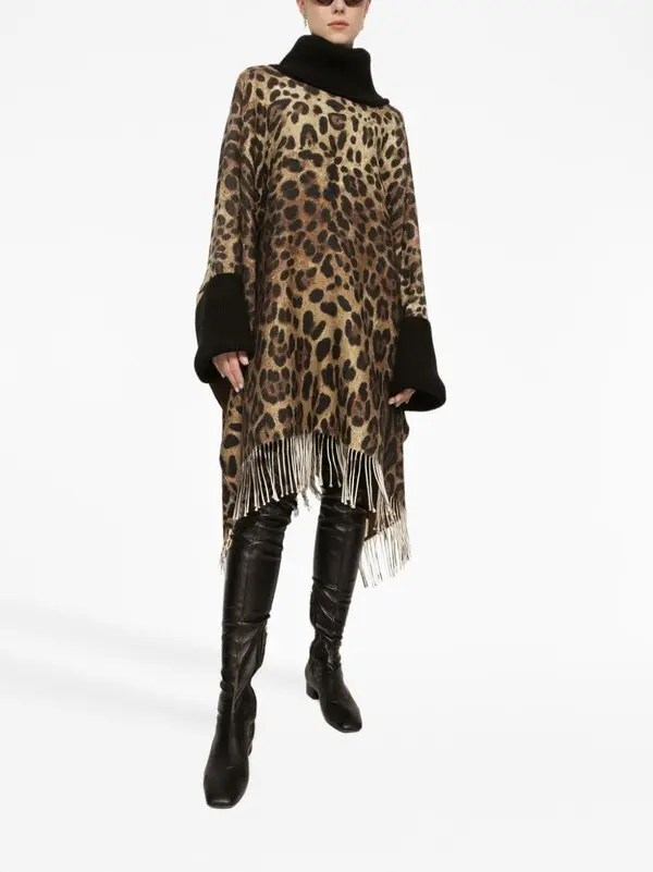 Dolce & Gabbana Leopard-print Fringed Poncho - Brown