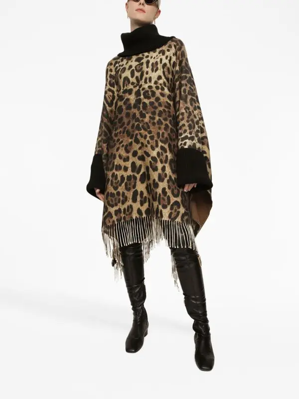 Dolce & Gabbana Leopard-print Fringed Poncho - Brown