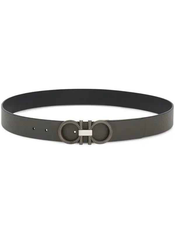 FERRAGAMO Gancini Buckle Leather Belt - Grey