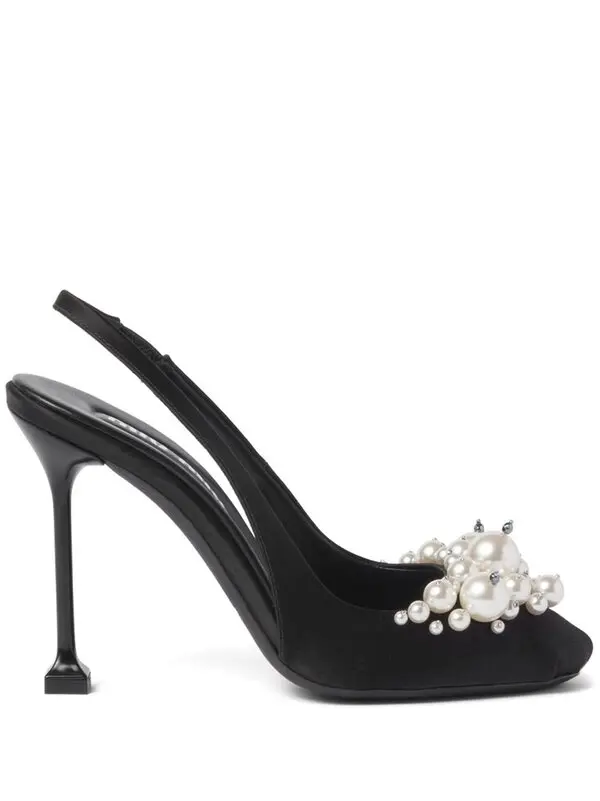 Miu Miu Pearl-Embellished Satin Slingback Pumps Black Editorialist