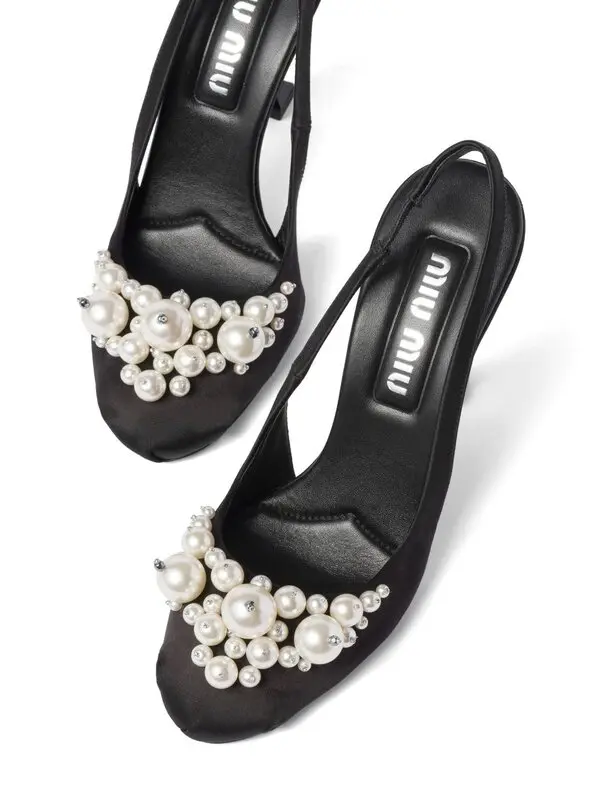 Miu Miu Pearl-Embellished Satin Slingback Pumps - Black | Editorialist