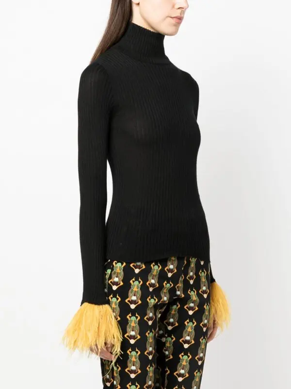 La DoubleJ Feather-cuff Ribbed-knit Jumper - Black