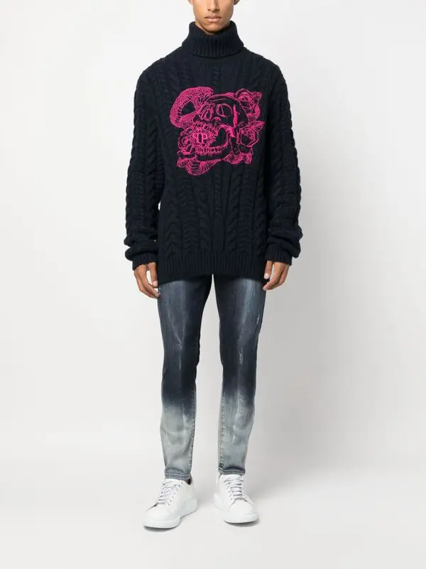 Philipp Plein Embroidered Skull Roll-neck Jumper - Blue