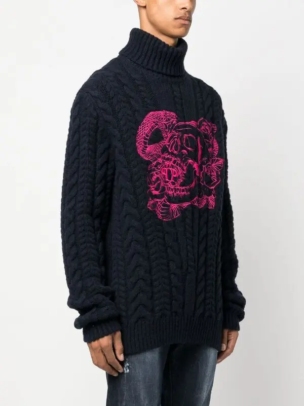 Philipp Plein Embroidered Skull Roll-neck Jumper - Blue