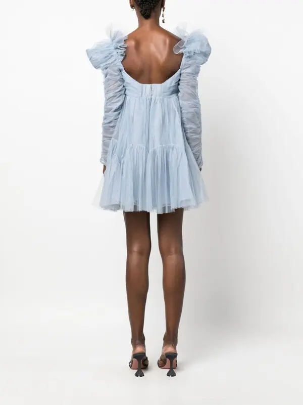 zimmermann dusty blue tulle ruched mini dress Zimmermann Puff-Sleeve Ruched Tulle Minidress In Blue - 28% Off