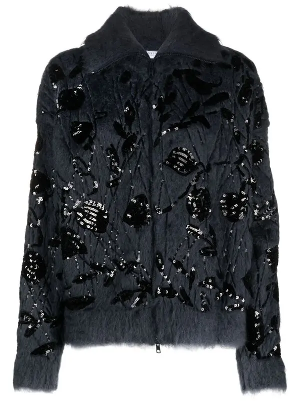 Brunello Cucinelli Floral Sequin Zip-up Cardigan