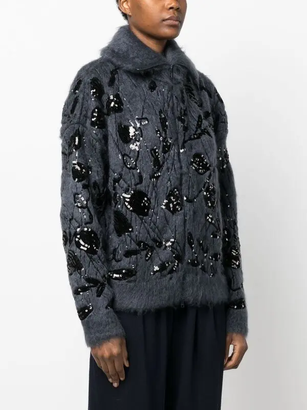 Brunello Cucinelli Floral Sequin Zip-up Cardigan