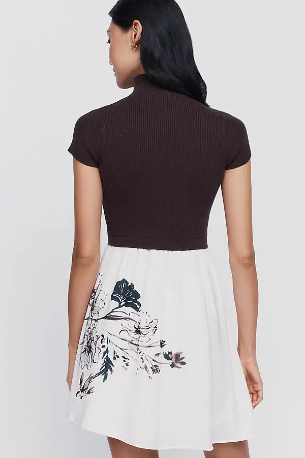 Anthropologie Thea Short Sleeve Twofer Mini Dress - Brown Pattern