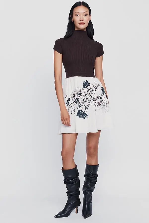 Anthropologie Thea Short Sleeve Twofer Mini Dress - Brown Pattern
