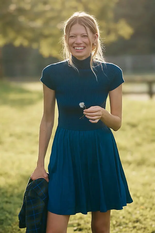 Anthropologie Thea Short Sleeve Twofer Mini Dress - Rich Deep Blue