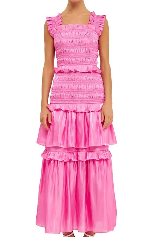 Endless Rose Sheer Smocked Tiered Maxi Dress - Pink