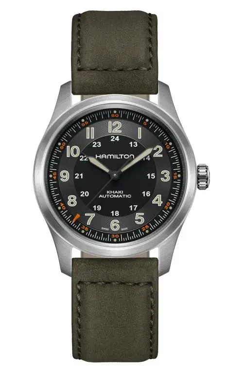 Hamilton Khaki Field Automatic Leather Strap Watch - Black