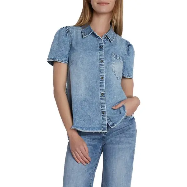 WASH LAB DENIM Puff Sleeve Denim Shirt - Denim Bubble
