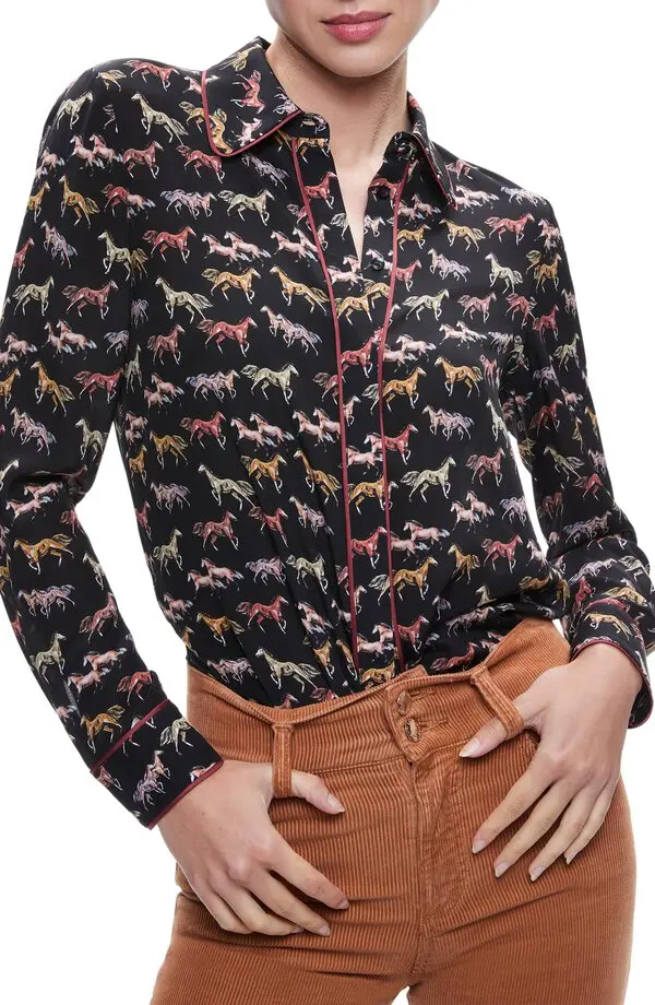Alice + Olivia Willa Horse Print Piped Silk Shirt