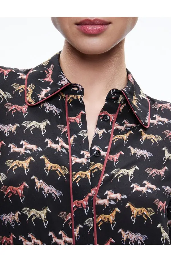 Alice + Olivia Willa Horse Print Piped Silk Shirt