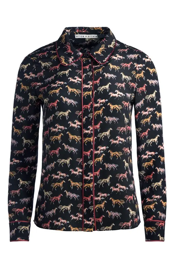 Alice + Olivia Willa Horse Print Piped Silk Shirt
