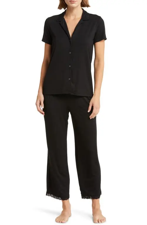 Natori Feathers Lace Trim Jersey Pajamas - Black