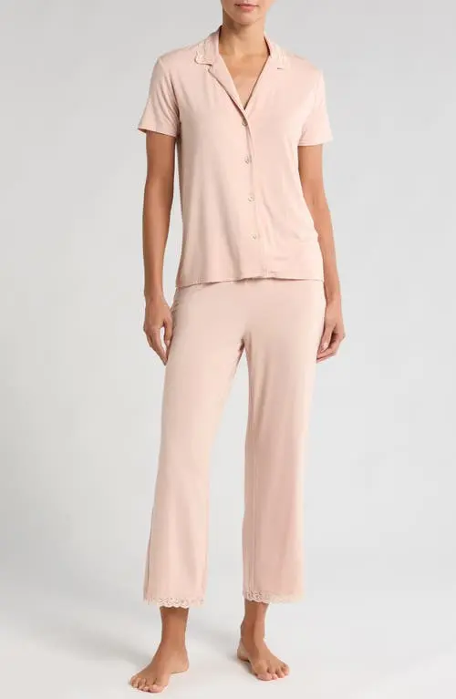 Natori Feathers Lace Trim Jersey Pajamas - Cameo Rose