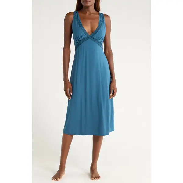 Natori Feathers Lace Trim Nightgown - Midnight Teal