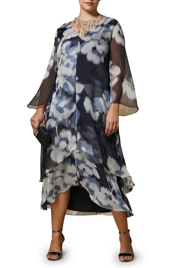Marina Rinaldi Tiered Long Sleeve Handkerchief Hem Dress - Navy |  Editorialist