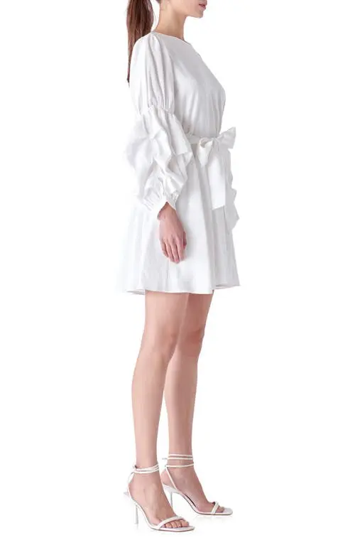 English Factory Cinched Puff Shoulder Long Sleeve Tie Belt Dress
