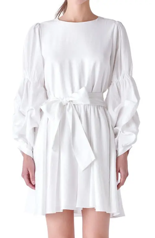 English Factory Cinched Puff Shoulder Long Sleeve Tie Belt Dress