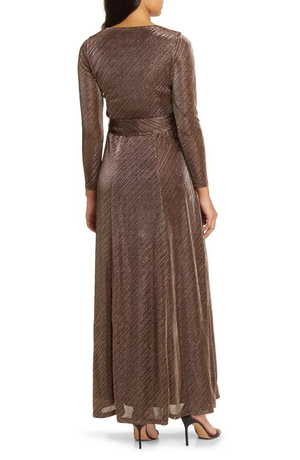 Anne Klein Metallic Long Sleeve Tie Belt A-Line Dress - Gold/ Anne Black |  Editorialist