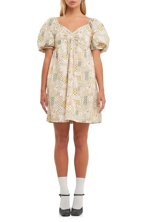 FREE THE ROSES Patchwork Puff Sleeve Babydoll Dress
