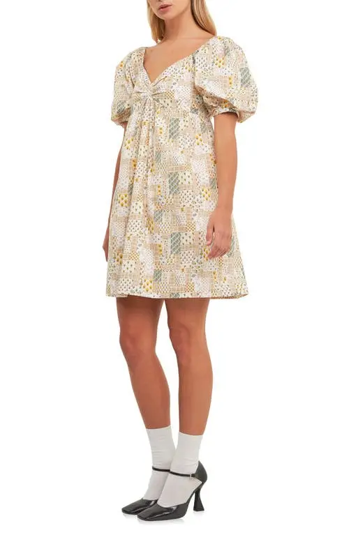 FREE THE ROSES Patchwork Puff Sleeve Babydoll Dress