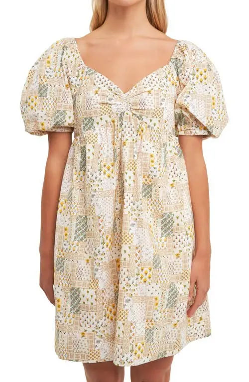 FREE THE ROSES Patchwork Puff Sleeve Babydoll Dress