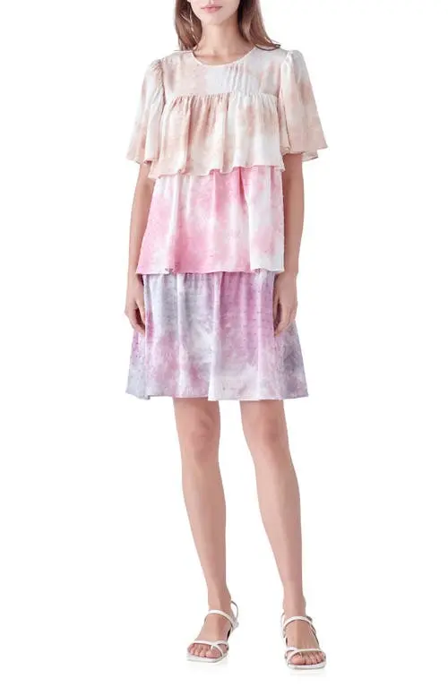 FREE THE ROSES Tie-dye Swiss Dot Tiered Dress - Pink Multi
