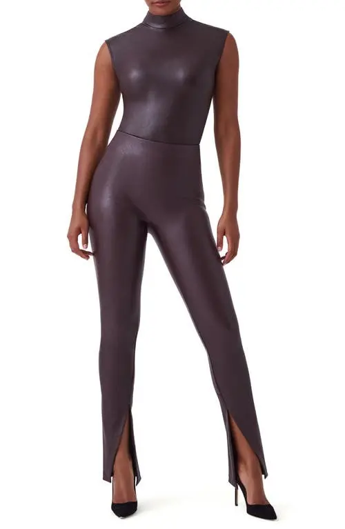 Spanx Faux Leather Front Slit Leggings - Cherry Chocolate