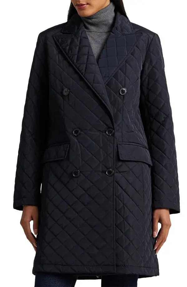Ralph Lauren Crest Embroidered Quilted Double Breasted Coat - Dk Navy